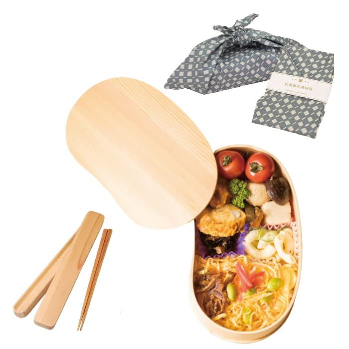 Yamaya Lacquerware Shop Wooden Bean Bento Box Set with Cutlery and Wra